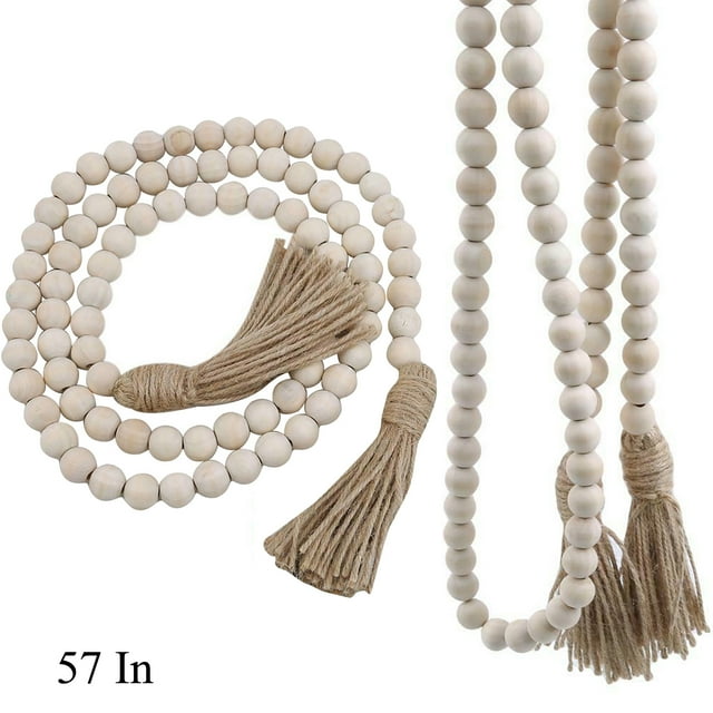 Wood Bead Garland with Tassels, 57 Inch Natural Wooden Beads Garland, 4 ...