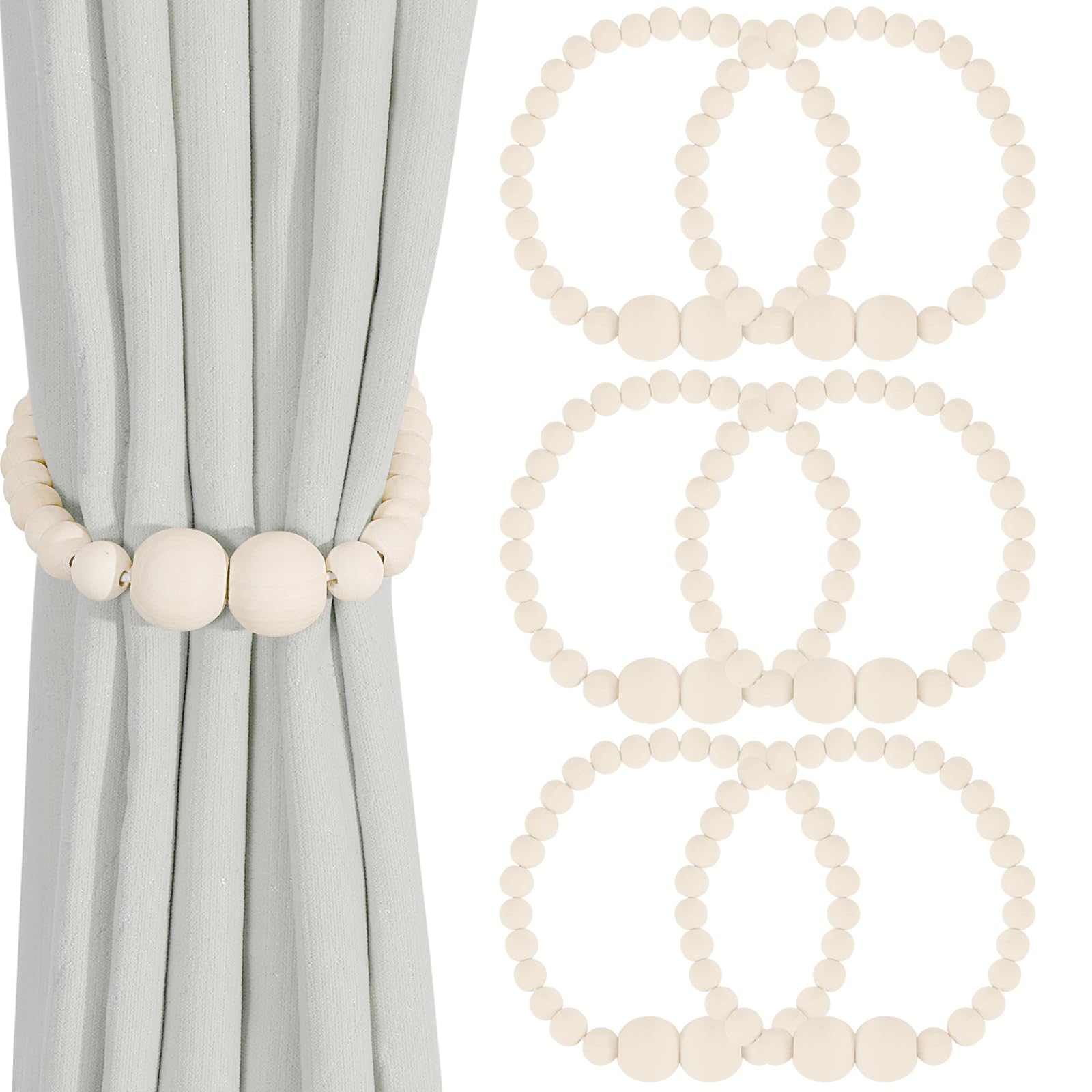 Wood Bead Magnetic Curtain Tiebacks 6 Pack, No Drill Drapery Holdbacks ...