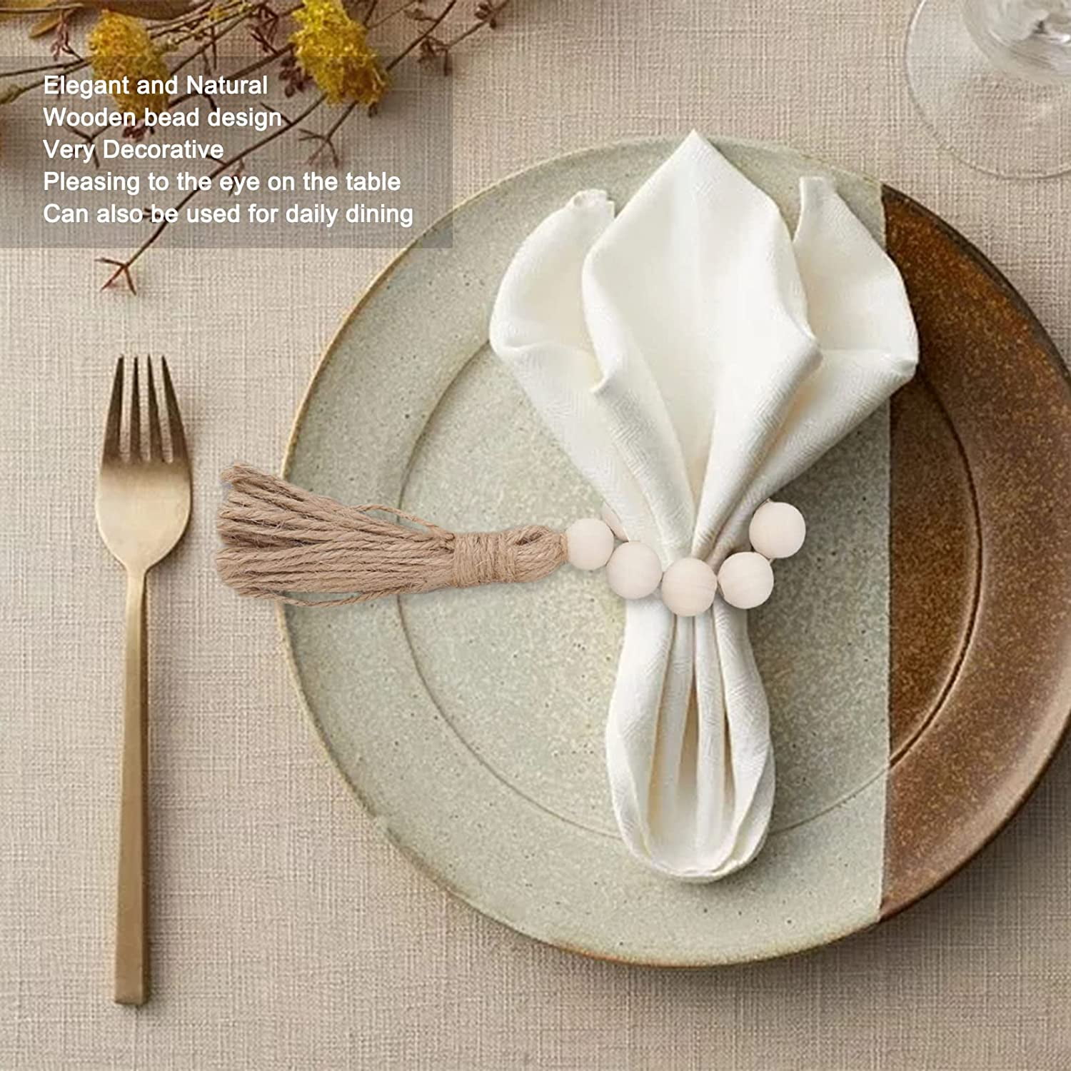 Wood Bead Napkin Rings Set of 4, Stretchable Farmhouse Napkin Ring ...