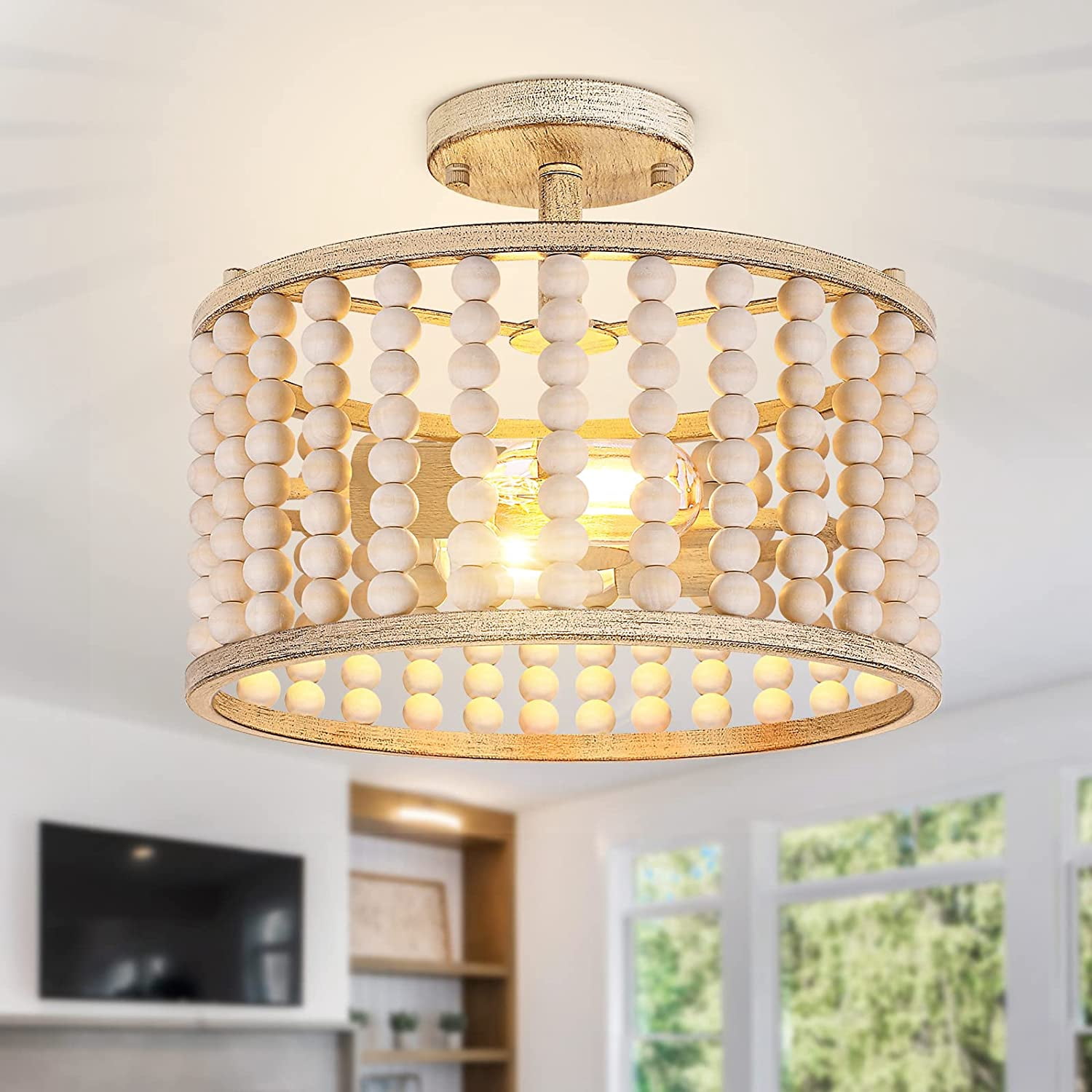 Wood Beaded Chandelier - Farmhouse Boho Light Fixture, Rustic Semi ...