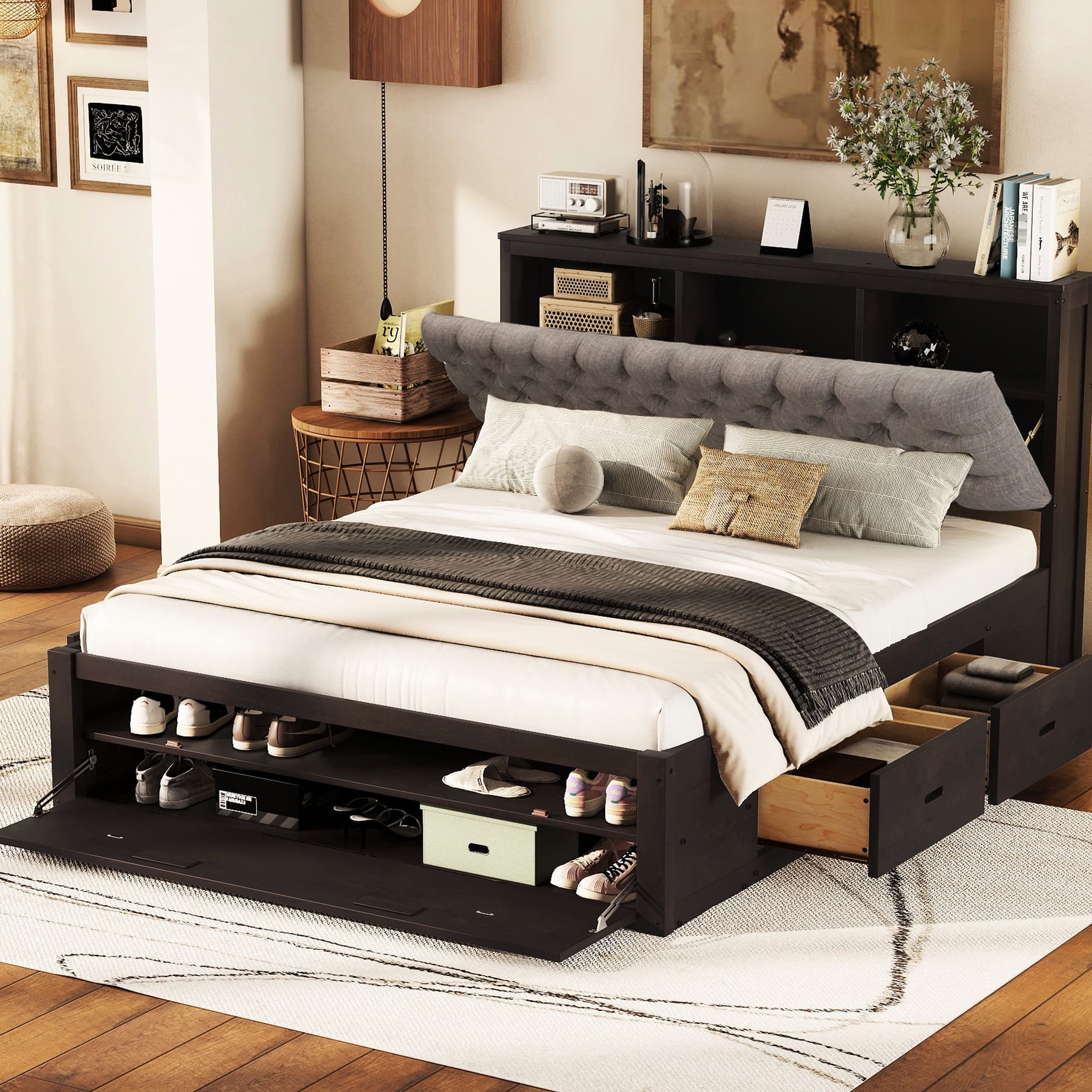 Wood Bed Frame, Multiple Storage Spaces - For Bedroom, Efficient ...