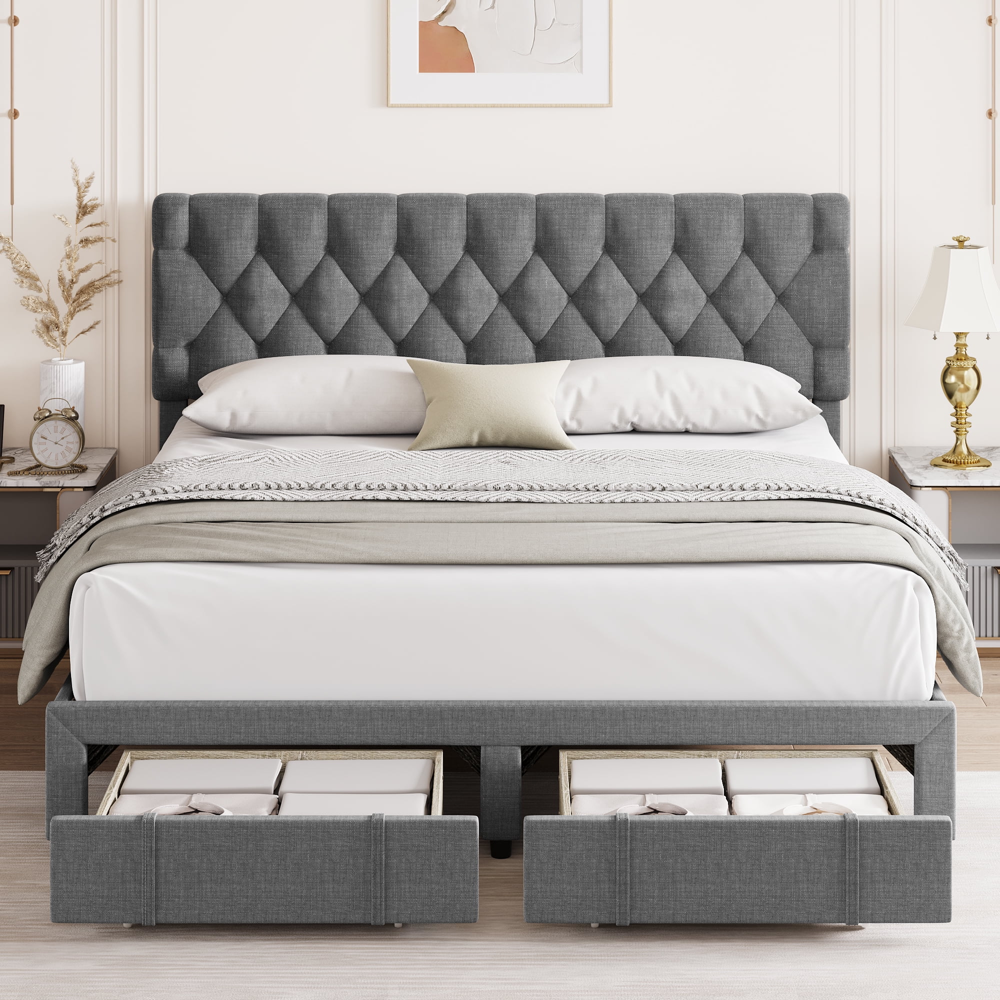 Wood Bed Frame with 2 Storage Drawers, Upholstered Platform Bed Frame ...