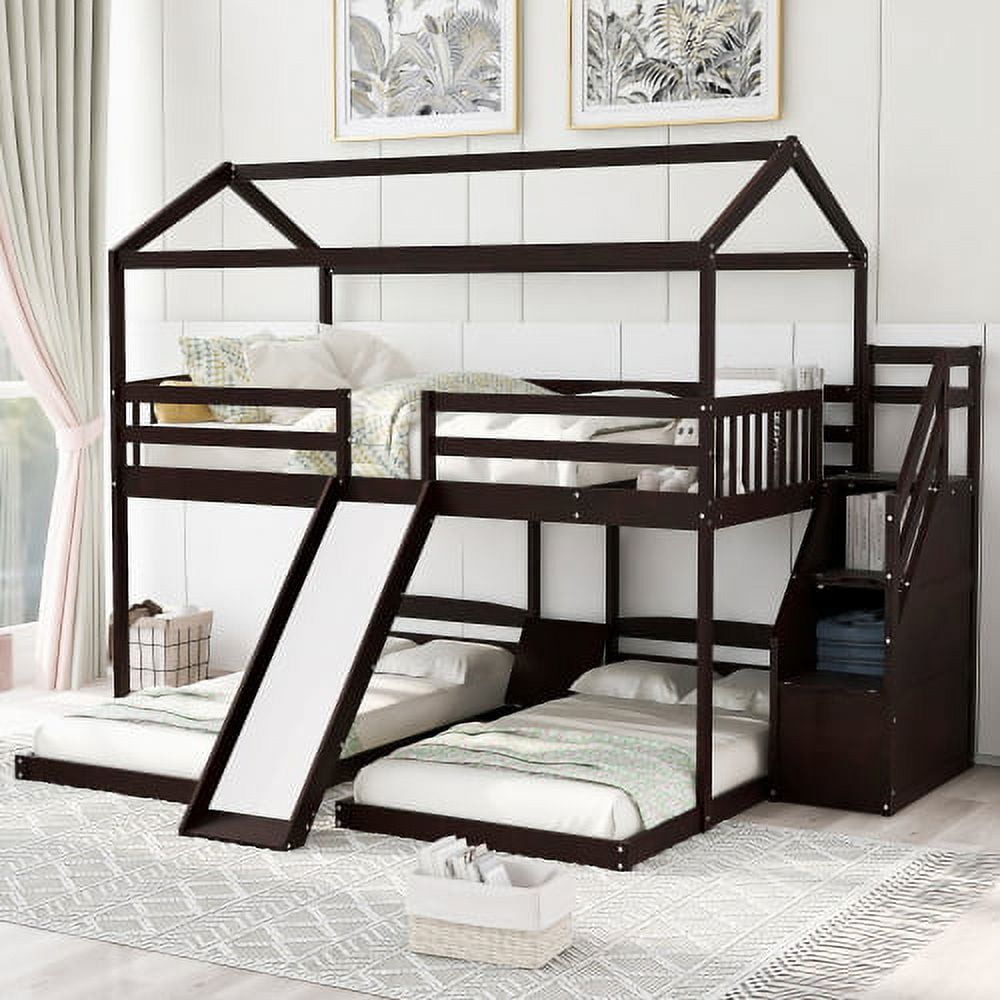 Wood Bedroom Bedframe for Kids,Triple Bunk Bed Full Over Twin & Twin ...