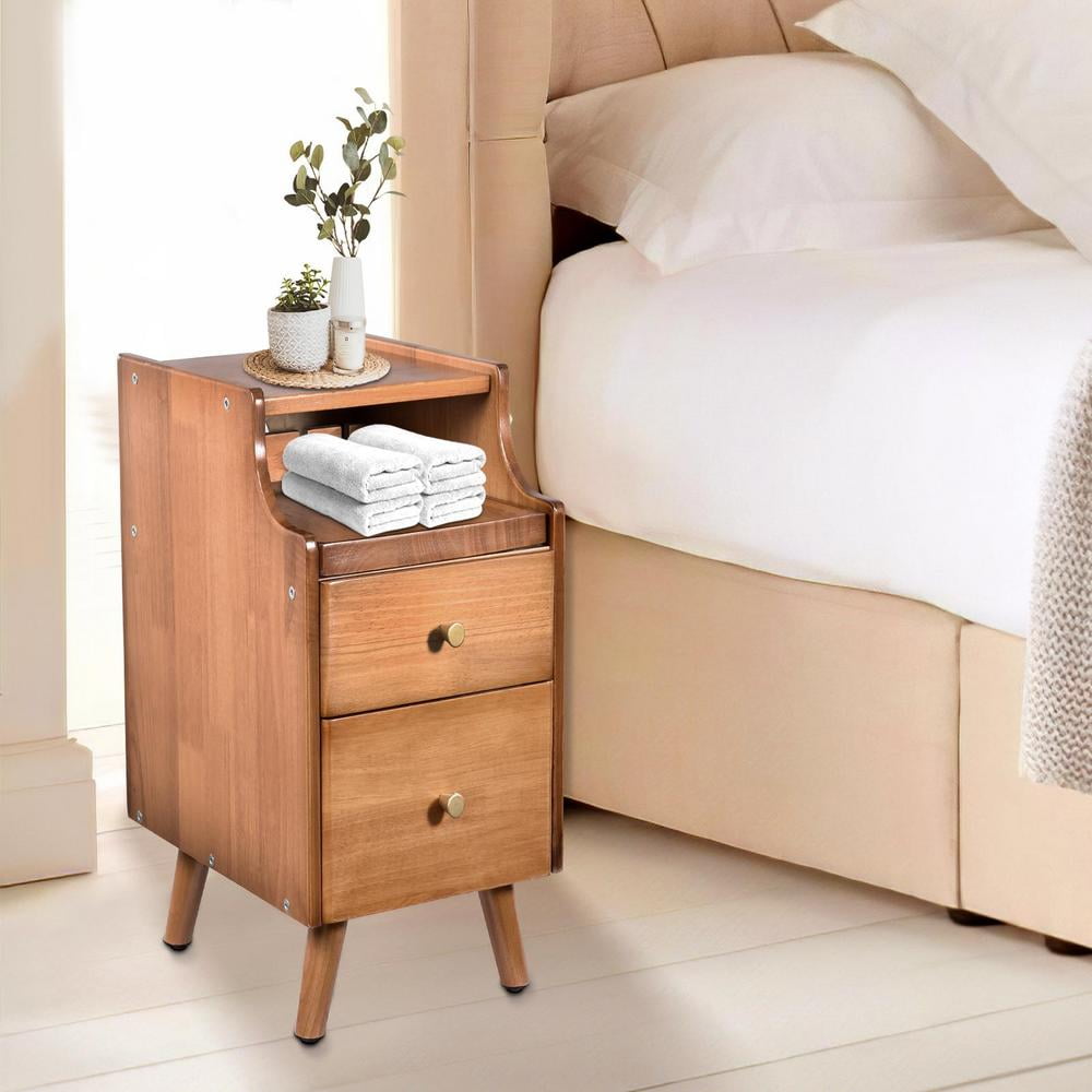 Wood Bedside Table, Wooden 2-Drawer Night Table, Solid Wood Nightstand ...