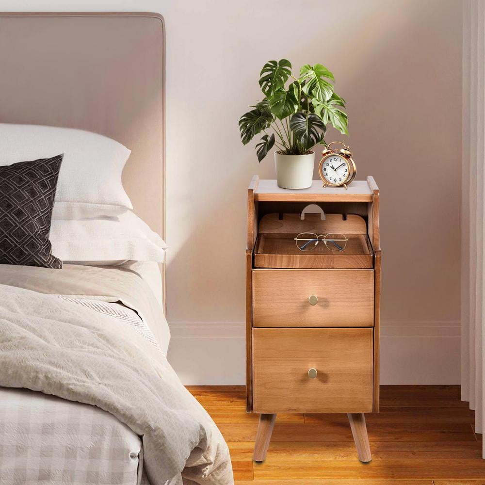 Wood Bedside Table, Wooden Night Table with 2-Drawer, Small Side Table ...