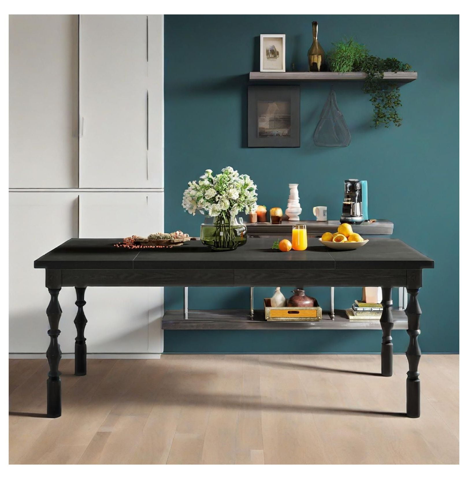 Wood Black Dining Table for 4-6 People, 62' Farmhouse Large Rectangle ...