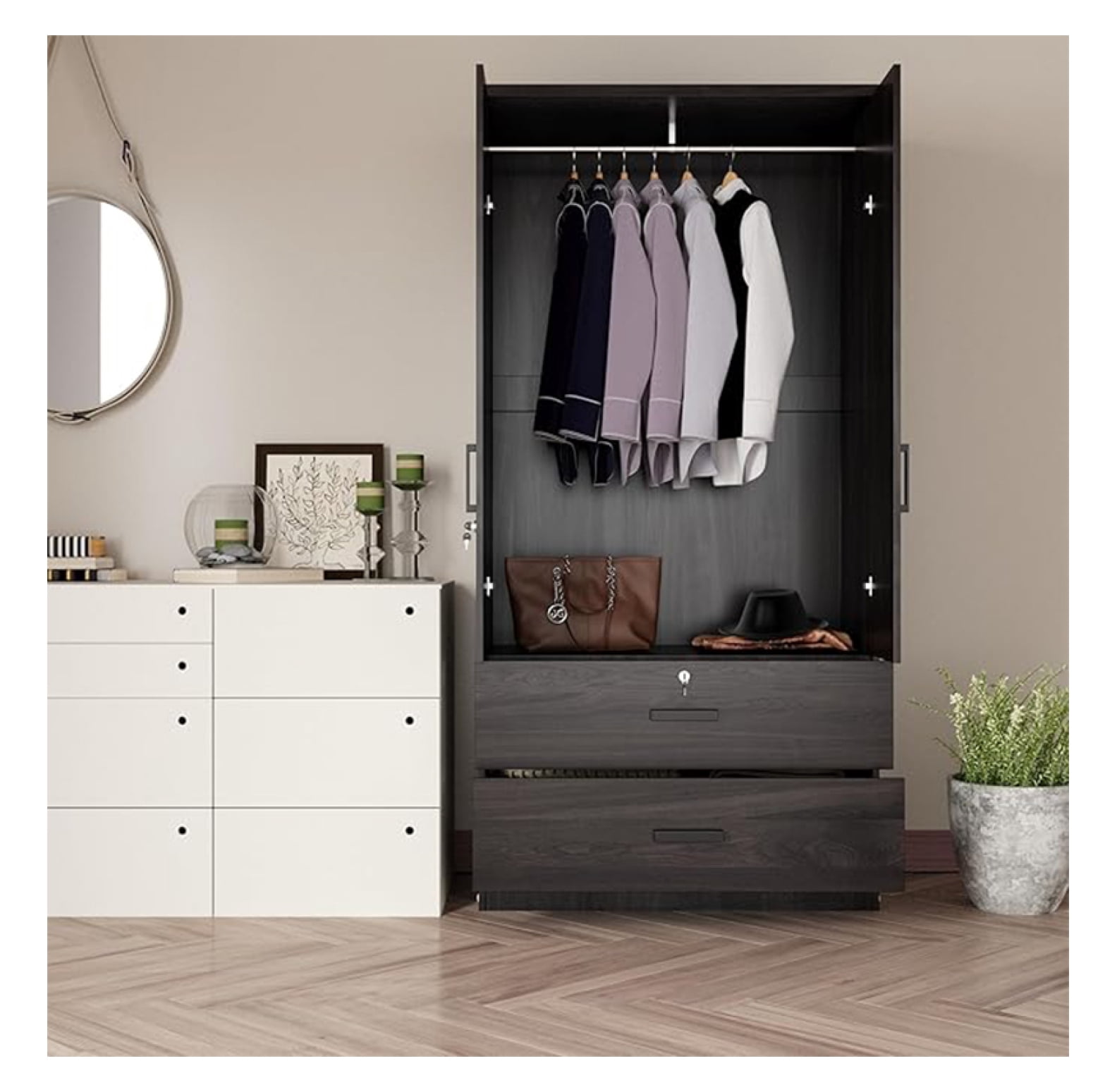 Wood Black Wardrobe Closet with 2 Doors and 2 Drawers ,Bedroom ...