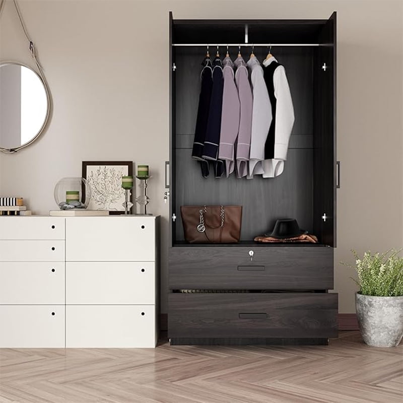 Wood Black Wardrobe Closet with 2 Doors and 2 Drawers ,Bedroom ...