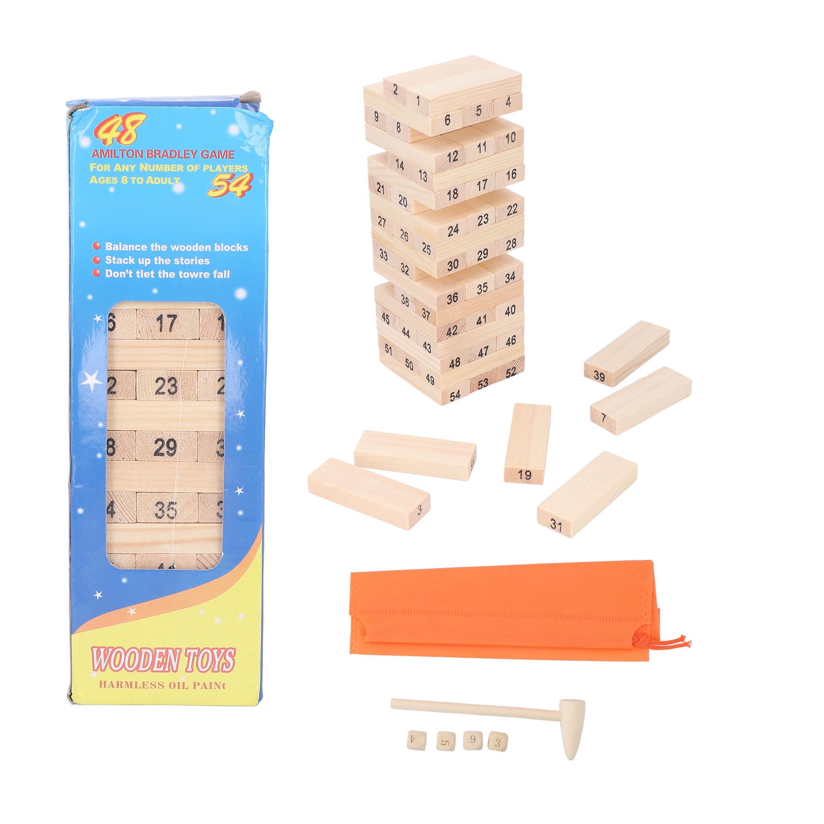 Wood Blocks Stacking Game Balance Training 54 Blocks 4 Dice Mallet Kids ...