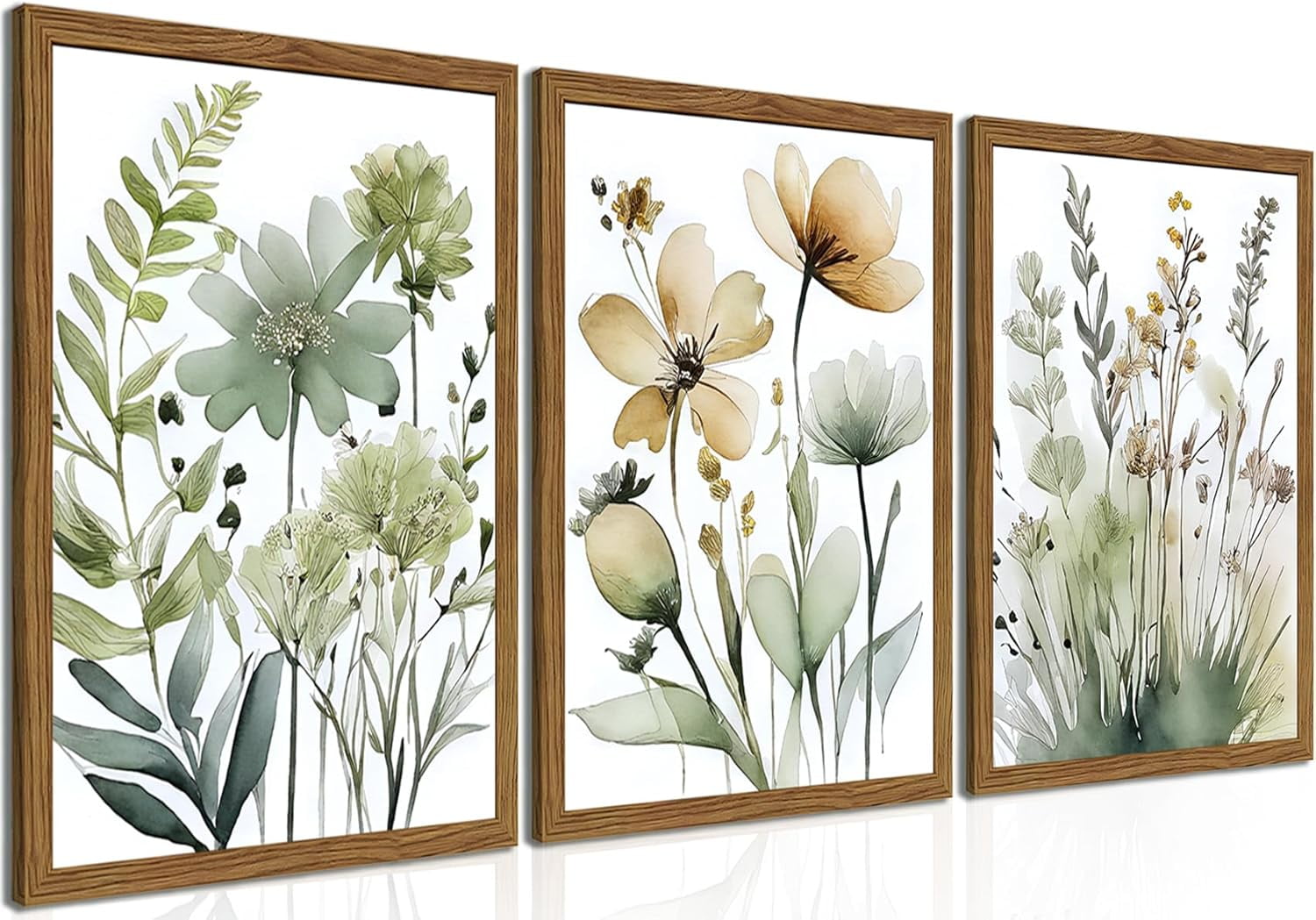 Wood Boho Floral Wall Art Set of Sage Green Botanical Canvas Wall Decor ...