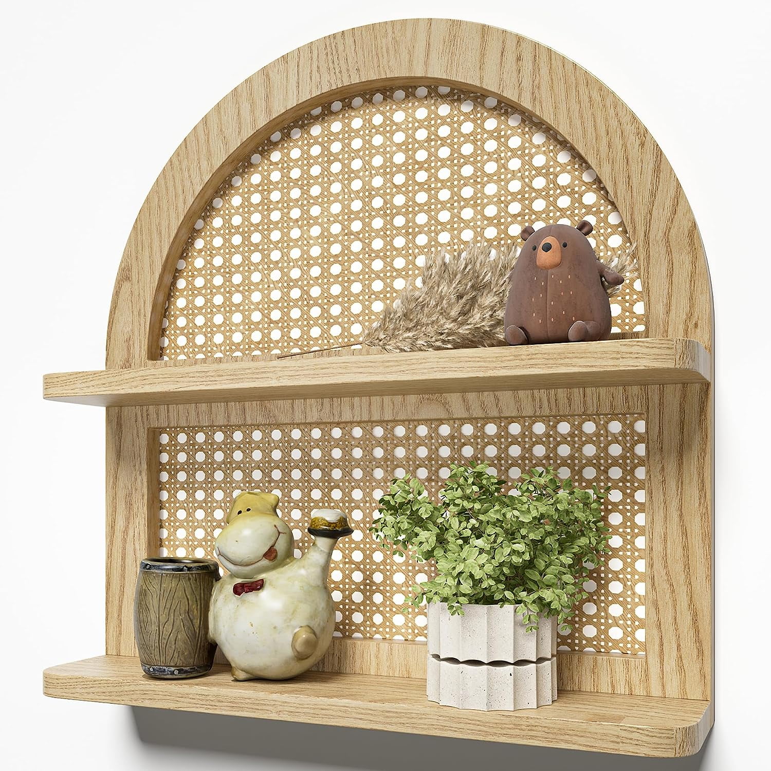 Wood Boho Rattan Wall Shelf - 2-Tier Arched Wicker Floating Shelf ...
