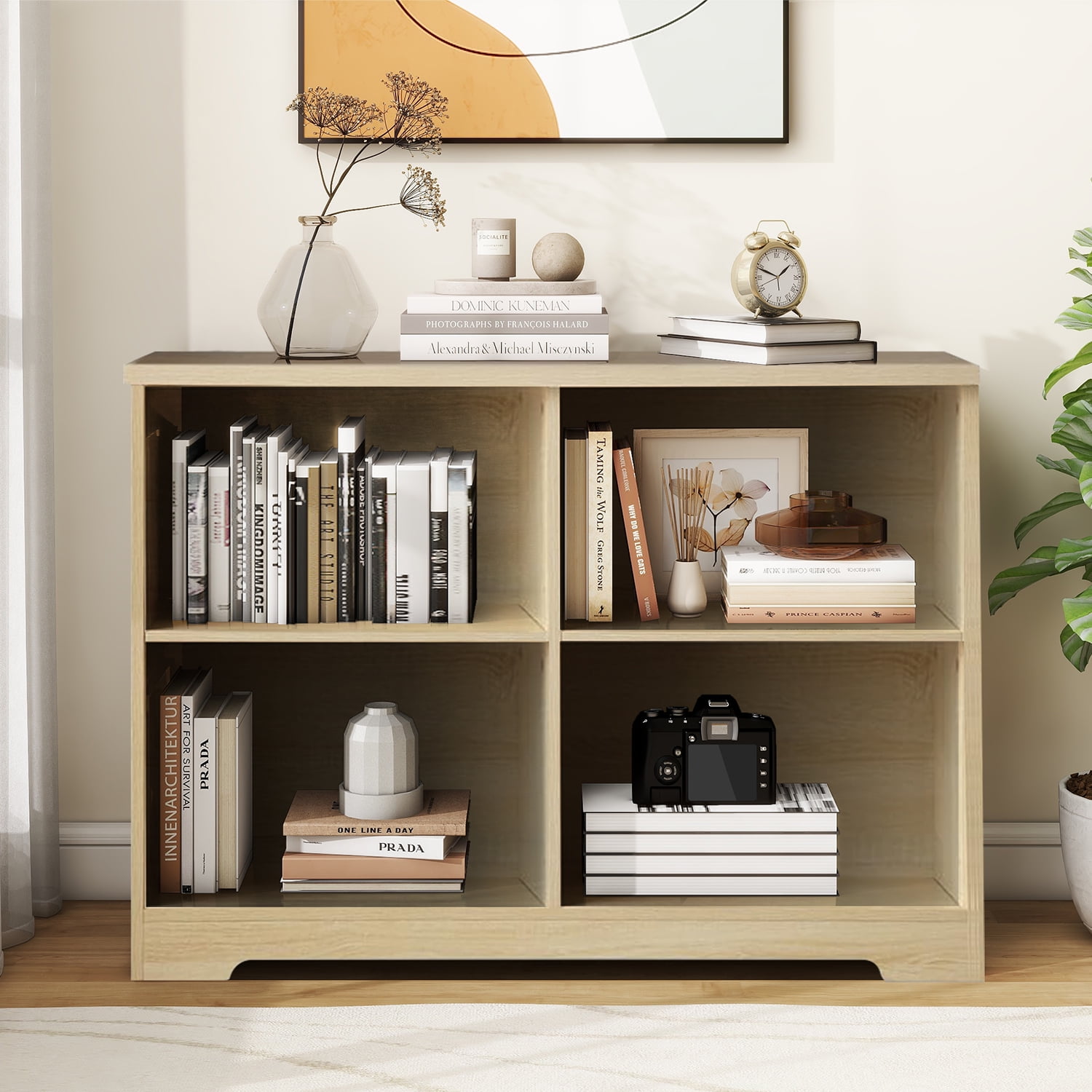 Wood Bookcase with 2 Adjustable Shelves, 2 Tier Bookshelf 4 Cube ...