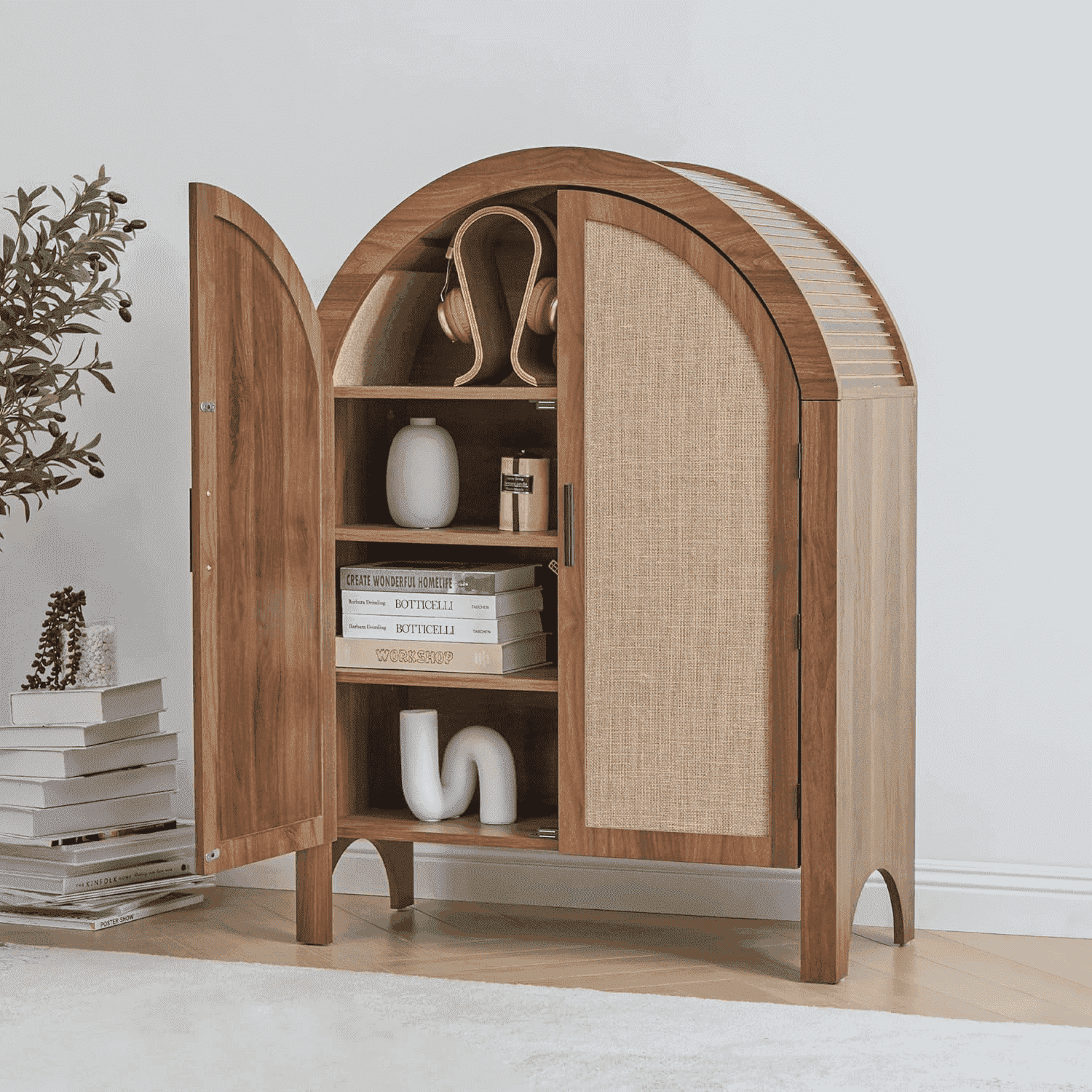 Wood Bookshelf with Doors, Kids Arched Bookcase, Modern 4-Tier ...