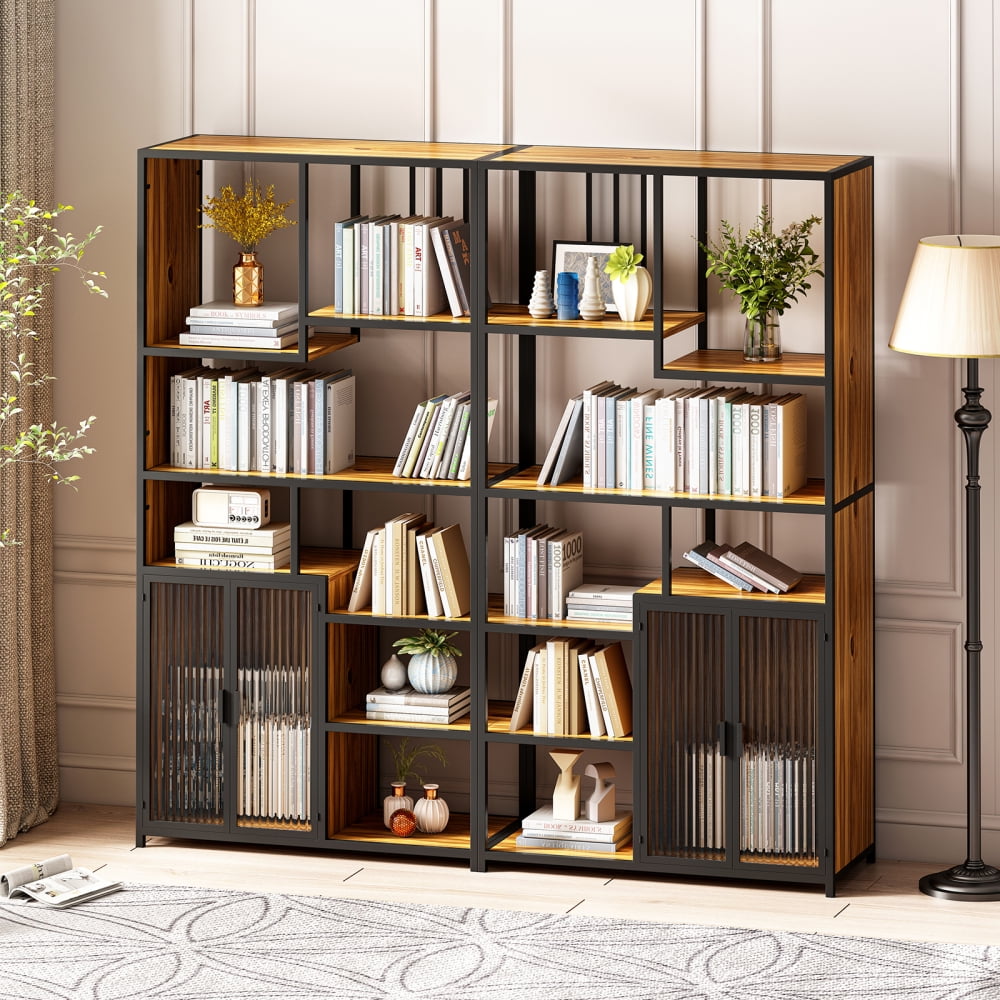 Wood Bookshelf, Large Storage Rack Bookcase with Enclosed Storage ...