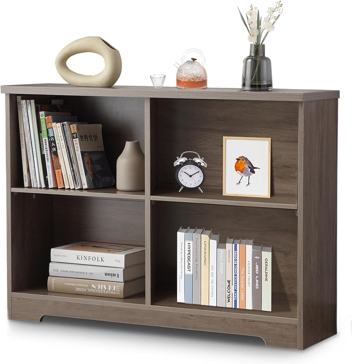 Wood Bookshelf with Open Adjustable Bookshelf, Storage Cabinet with 2 ...