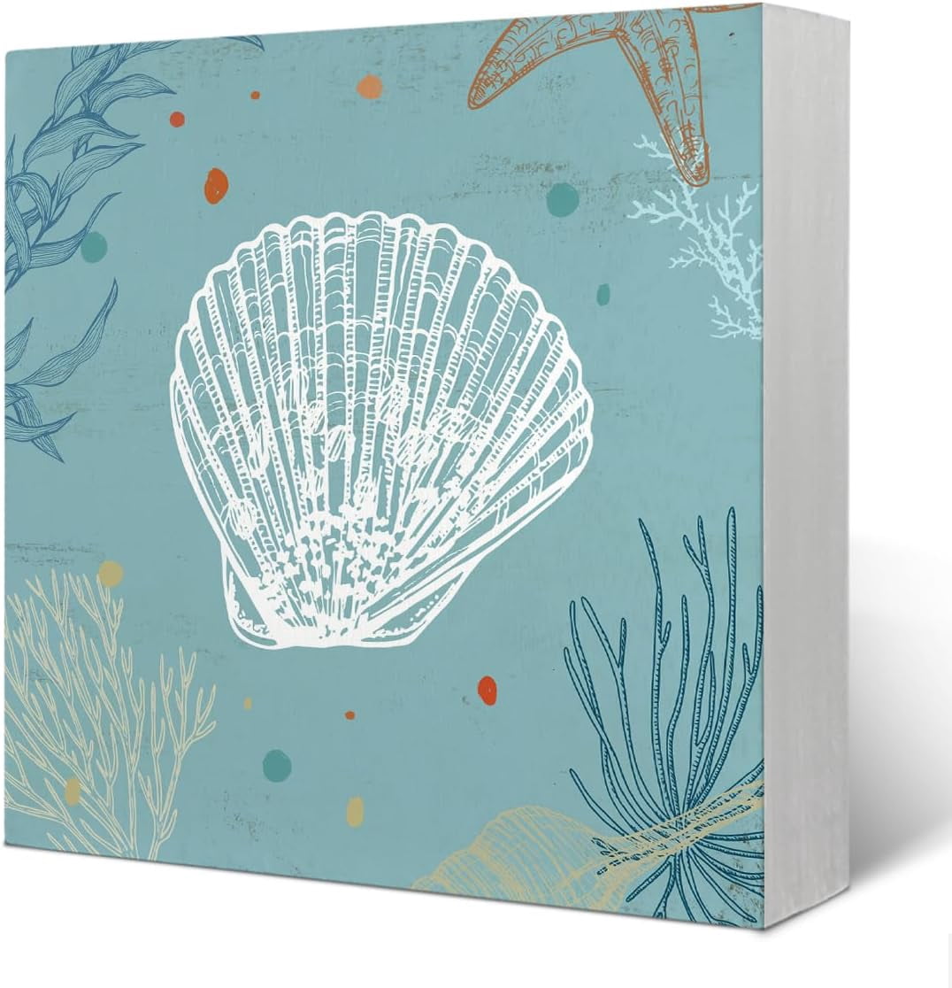 Wood Box Sign 5x5 Inch Conch Decor Sign Ocean Bathroom Decor Ocean ...