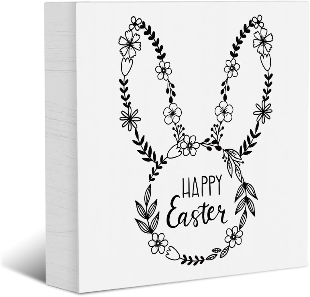 Wood Box Sign 5x5 Inch Happy Easter Wood Block Plaque Rabbit Bunny ...
