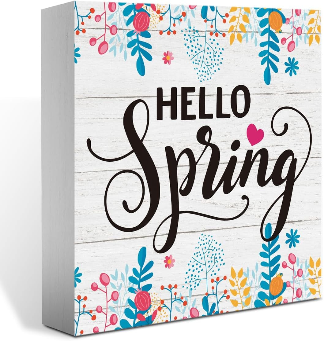 Wood Box Sign 5x5 Inch Rustic Spring Office Desk Decor Spring Tiered ...