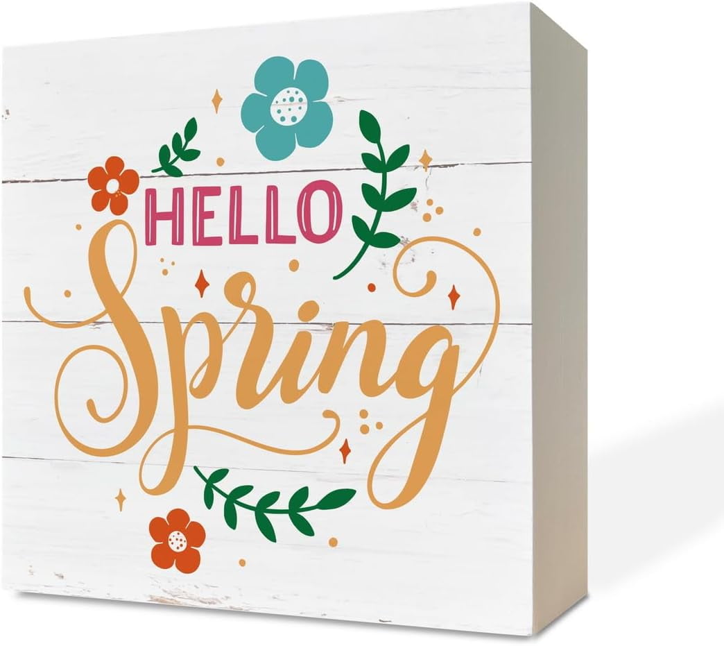 Wood Box Sign 5x5 Inch Spring Decor Sign Hello Spring Sign Wooden Box ...