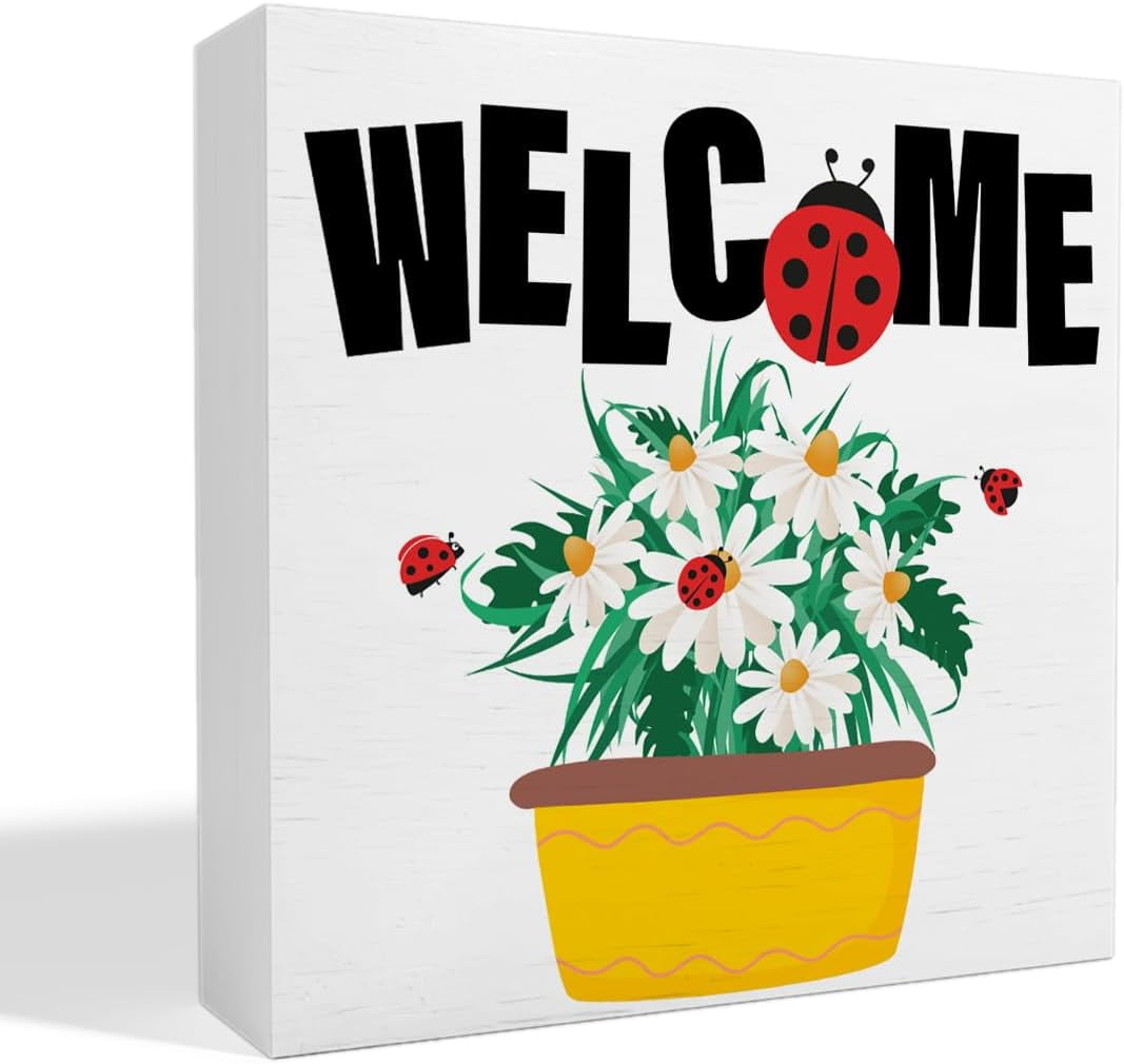 Wood Box Sign 5x5 Inch Spring Decor Welcome Sign Spring Daisy Ladybug ...