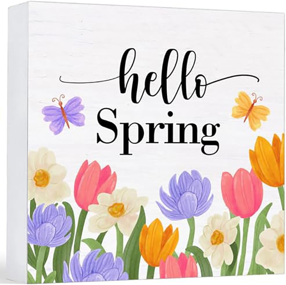 Wood Box Sign 5x5 Inch Spring Decor Wooden Box Signs Farmhouse Hello ...