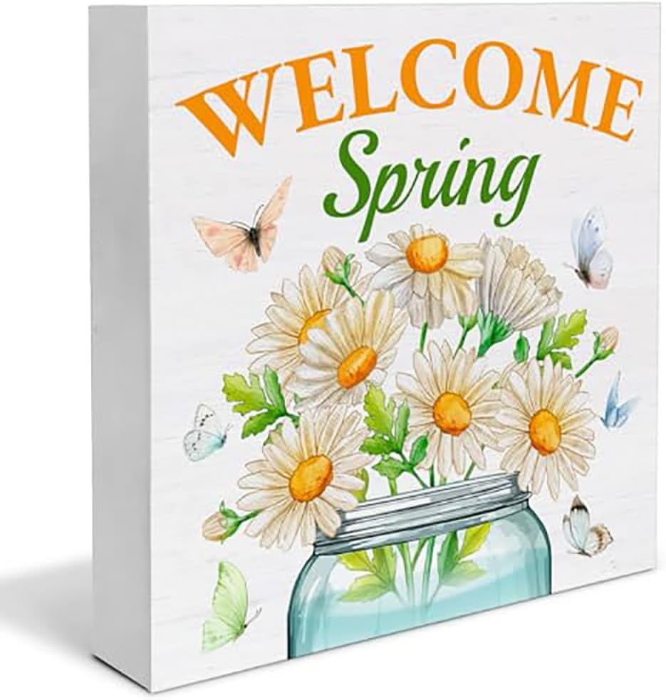 Wood Box Sign 5x5 Inch Spring Desk Decor Spring Wooden Box Sign ...