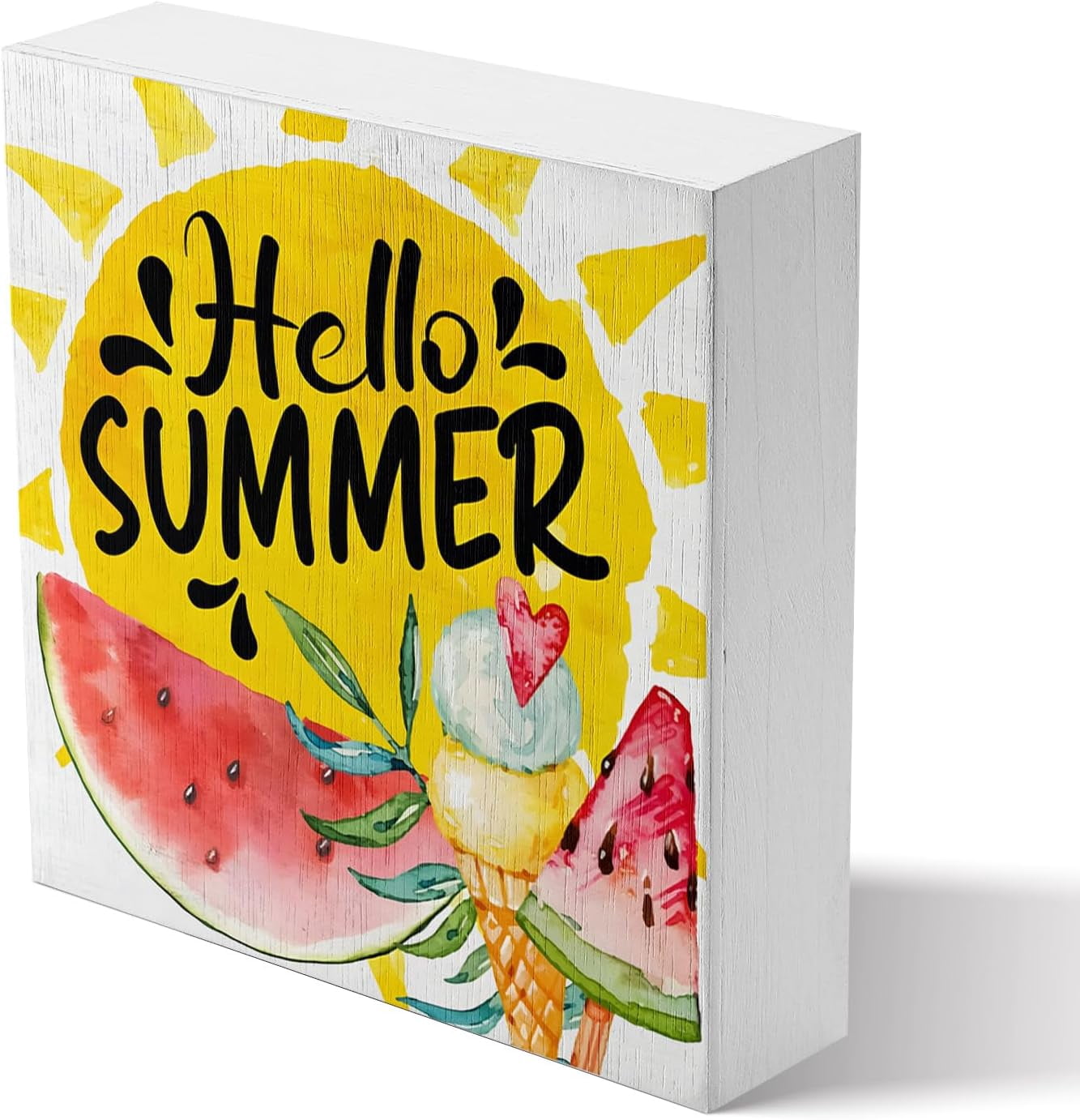 Wood Box Sign 5x5 Inch Summer Watercolor Sun Watermelon Ice Cream Art ...