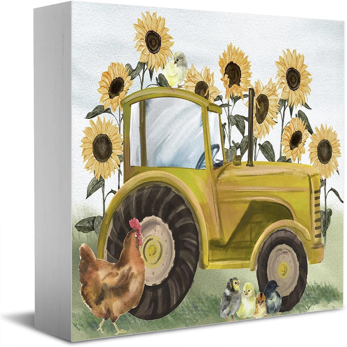 Wood Box Sign 5x5 Inch Tractor Chicken Sunflowers Wooden Box Sign ...