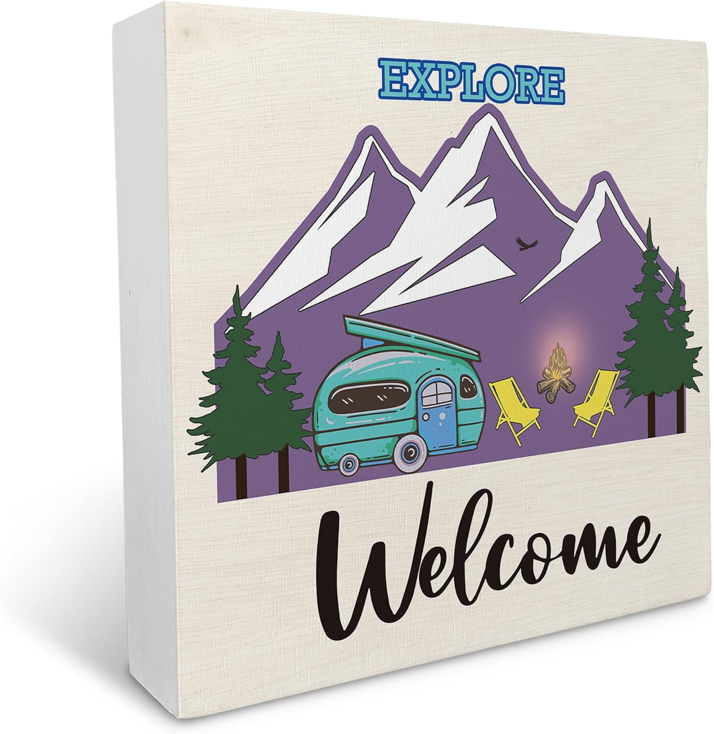 Wood Box Sign 5x5 Inch Welcome Explore Camping Rustic Farmhouse Style ...