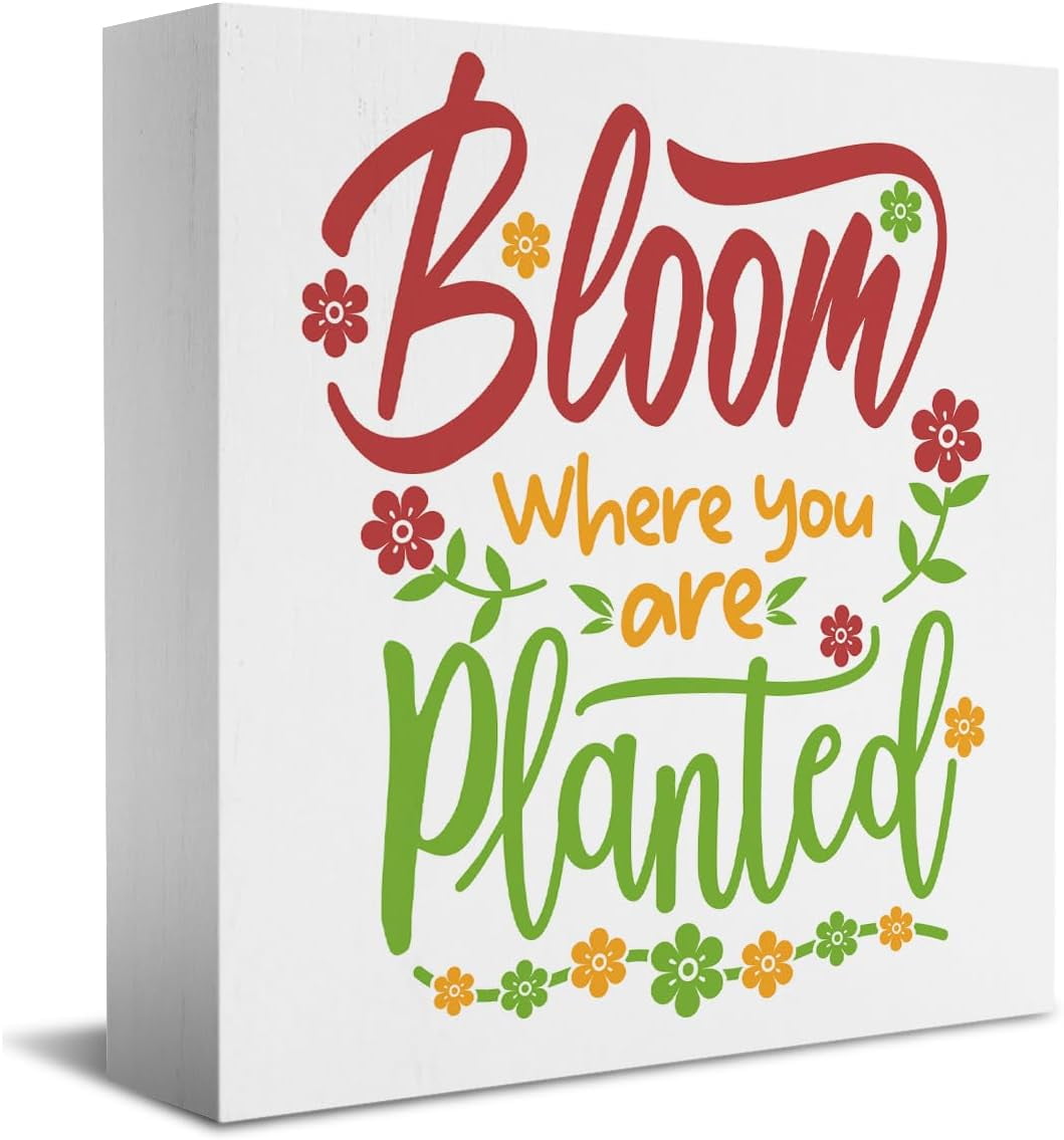 Wood Box Sign 5x5Inch Farmhouse Spring Wooden Box Sign Desk Decor ...