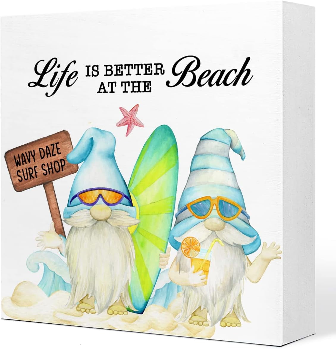 Wood Box Sign 5x5Inch Summer Desk Decor Funny Surfer Gnomes Beach ...