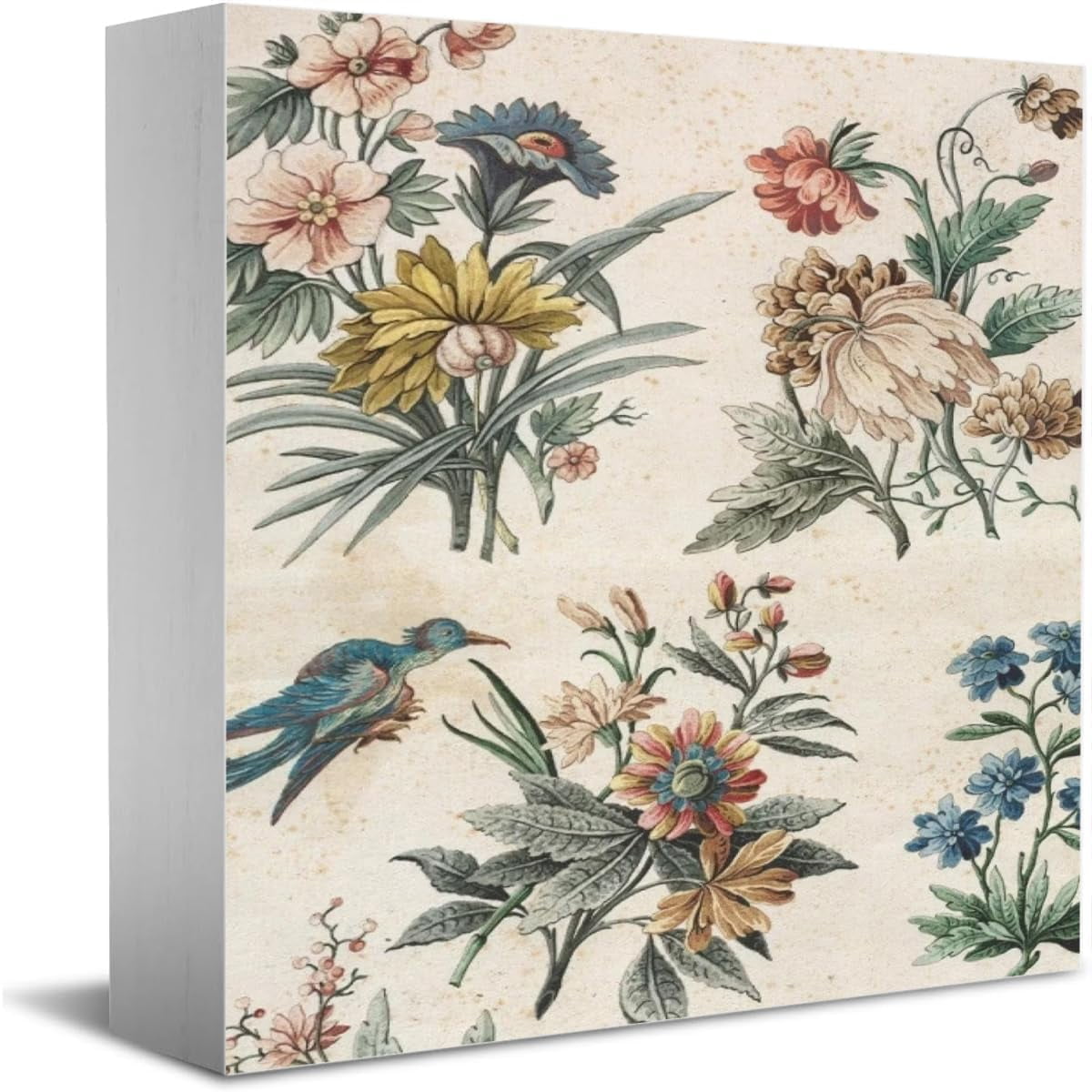 Wood Box Sign 7x7 Inch Bird Floral Happy Spring Wood Block Plaque Desk ...