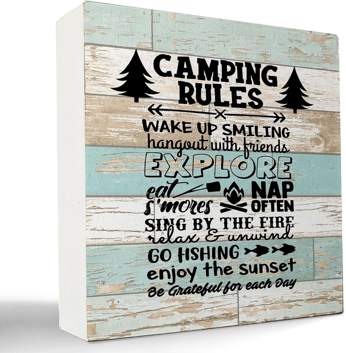 Wood Box Sign 7x7 Inch Camping Rules Wooden Box Sign Desk Decor ...
