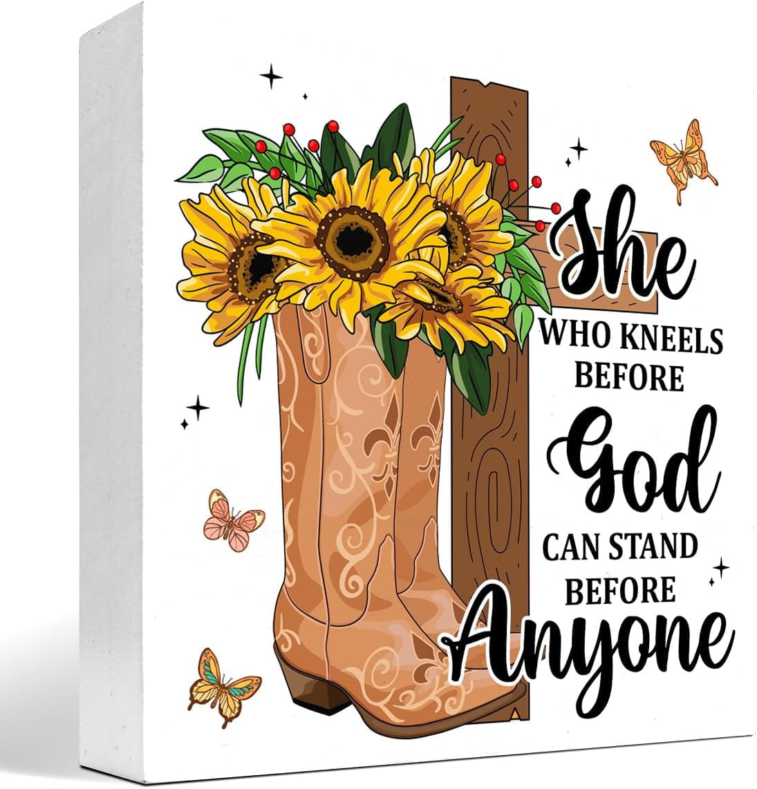 Wood Box Sign 7x7 Inch Wood Sign Desk Decor She Who Kneels Before God ...