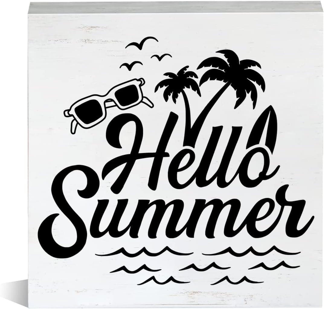 Wood Box Sign 7x7 Inch Farmhouse Hello Summer Wooden Box Sign Summer ...