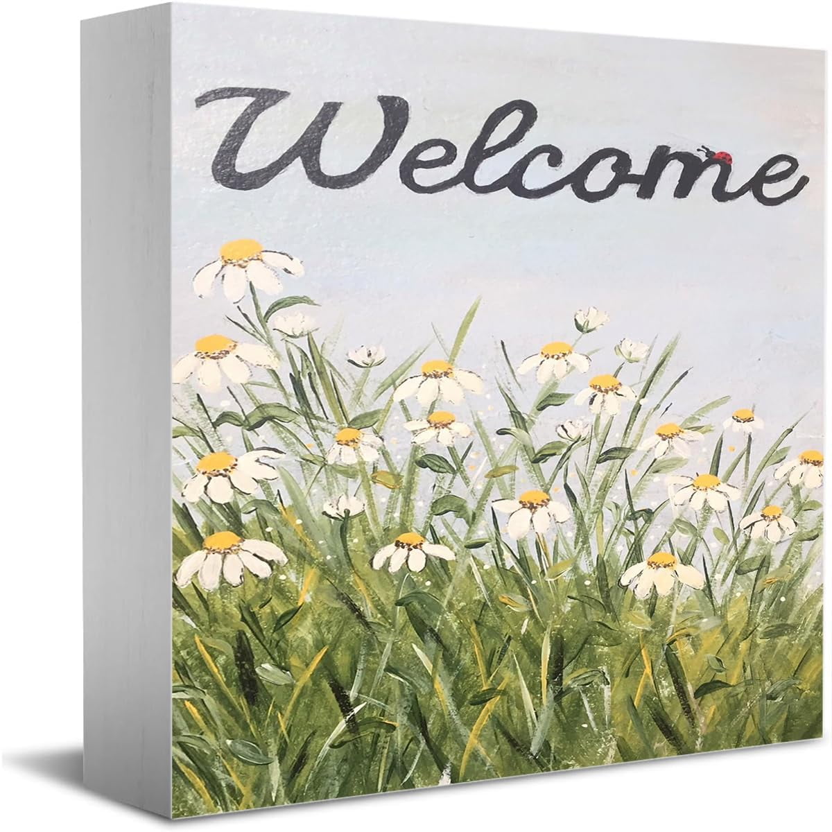 Wood Box Sign 7x7 Inch Floral Welcome Spring Wood Box Sign Decor Happy ...