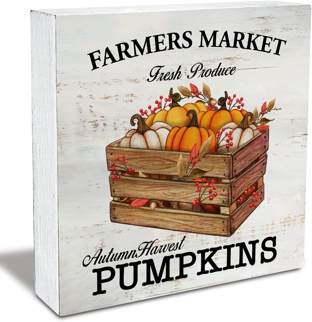 Wood Box Sign 7x7Inch Rustic Farmers Market Autumn Harvest Pumpkins ...