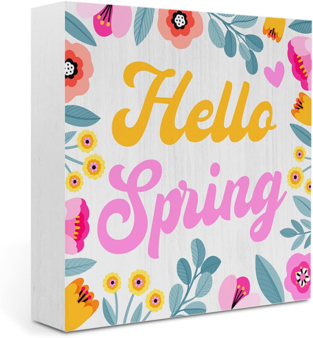 Wood Box Sign 7x7 Inch Rustic Hello Spring Farmhouse Country Home ...