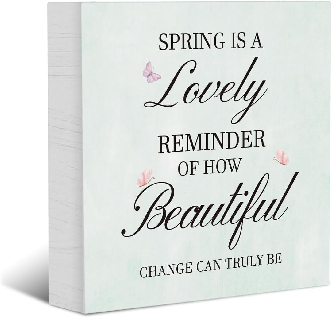 Wood Box Sign 7x7 Inch Spring Wood Block Plaque Butterfly Desk Decor ...