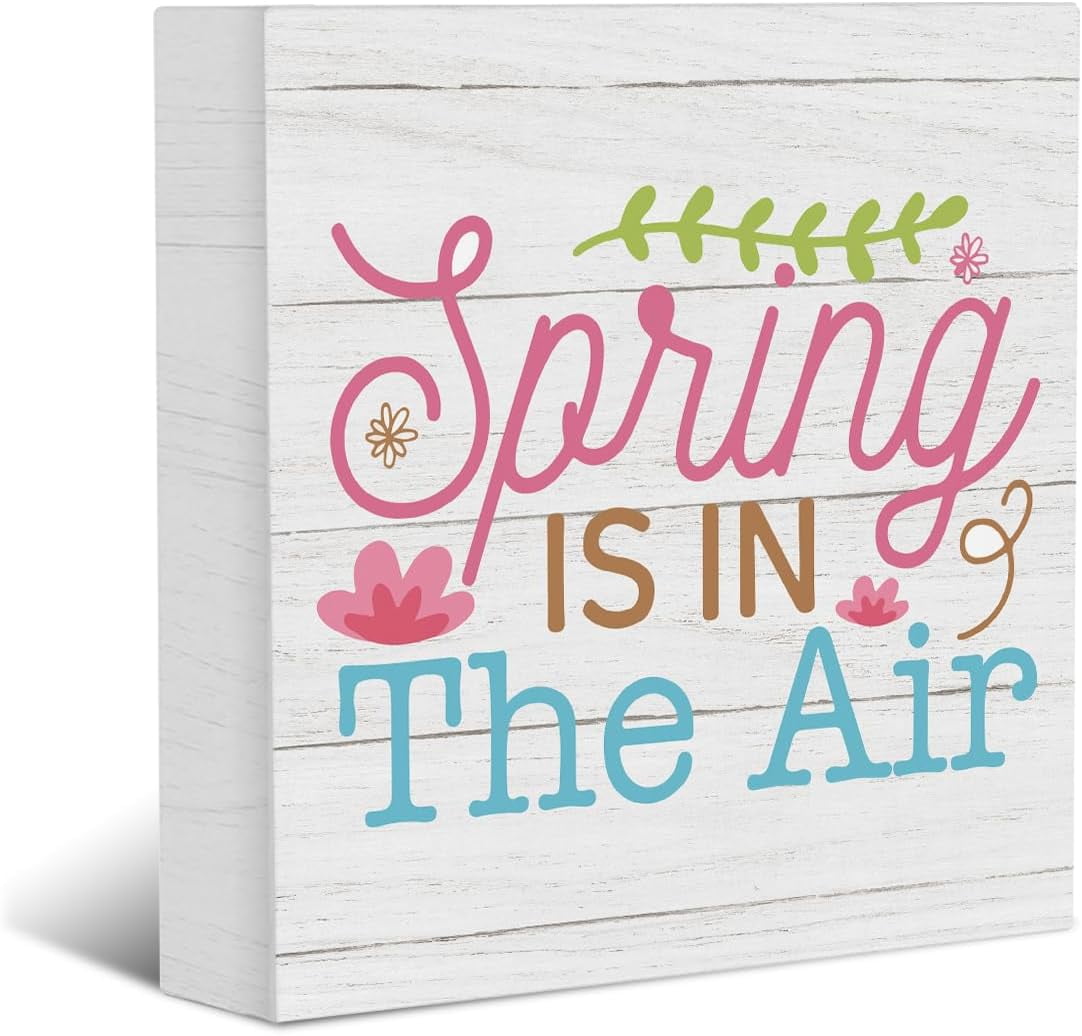 Wood Box Sign 7x7 Inch Spring Wood Block Plaque Spring Decor Flowers ...