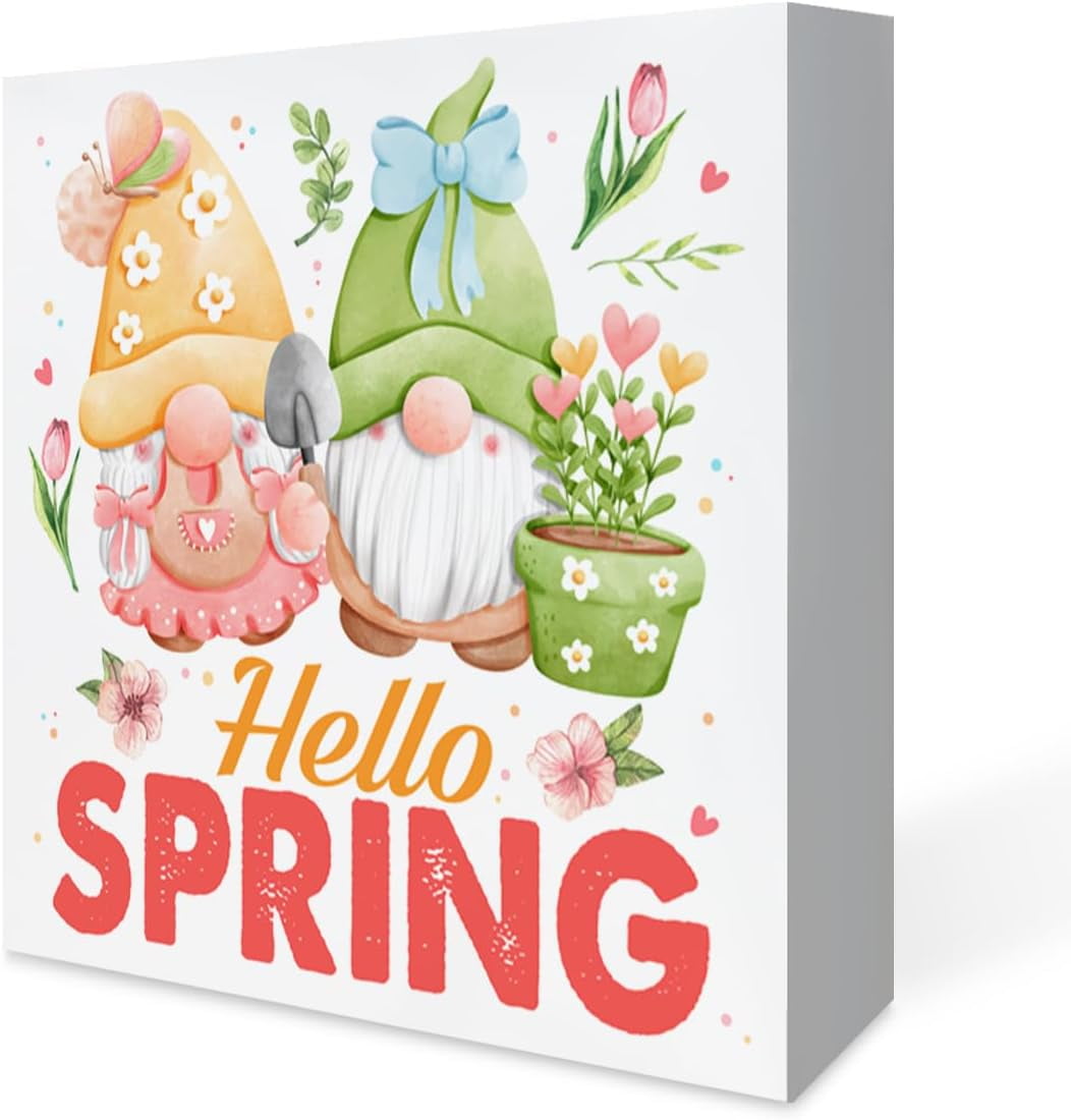 Wood Box Sign 7x7 Inch Spring Decor Hello Spring Gnome Wooden Sign ...