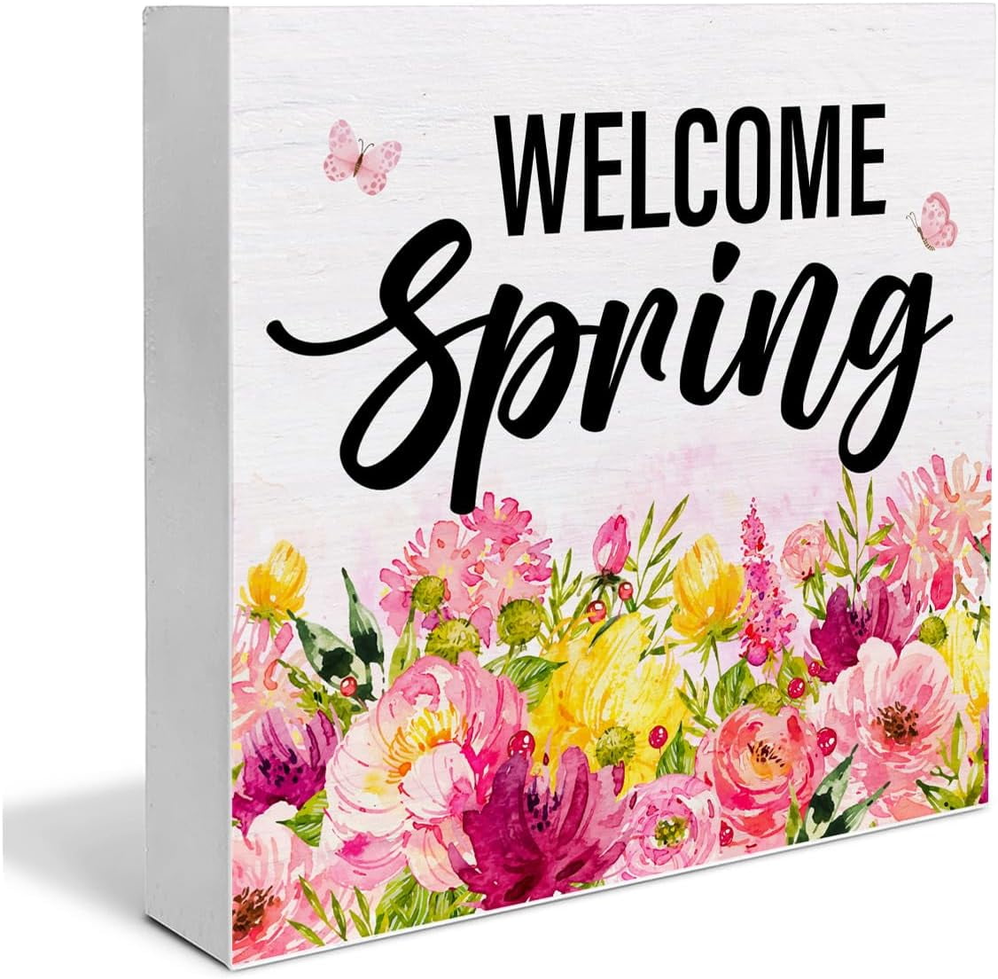 Wood Box Sign 7x7 Inch Spring Decor Rustic Welcome Spring Floral Wood ...
