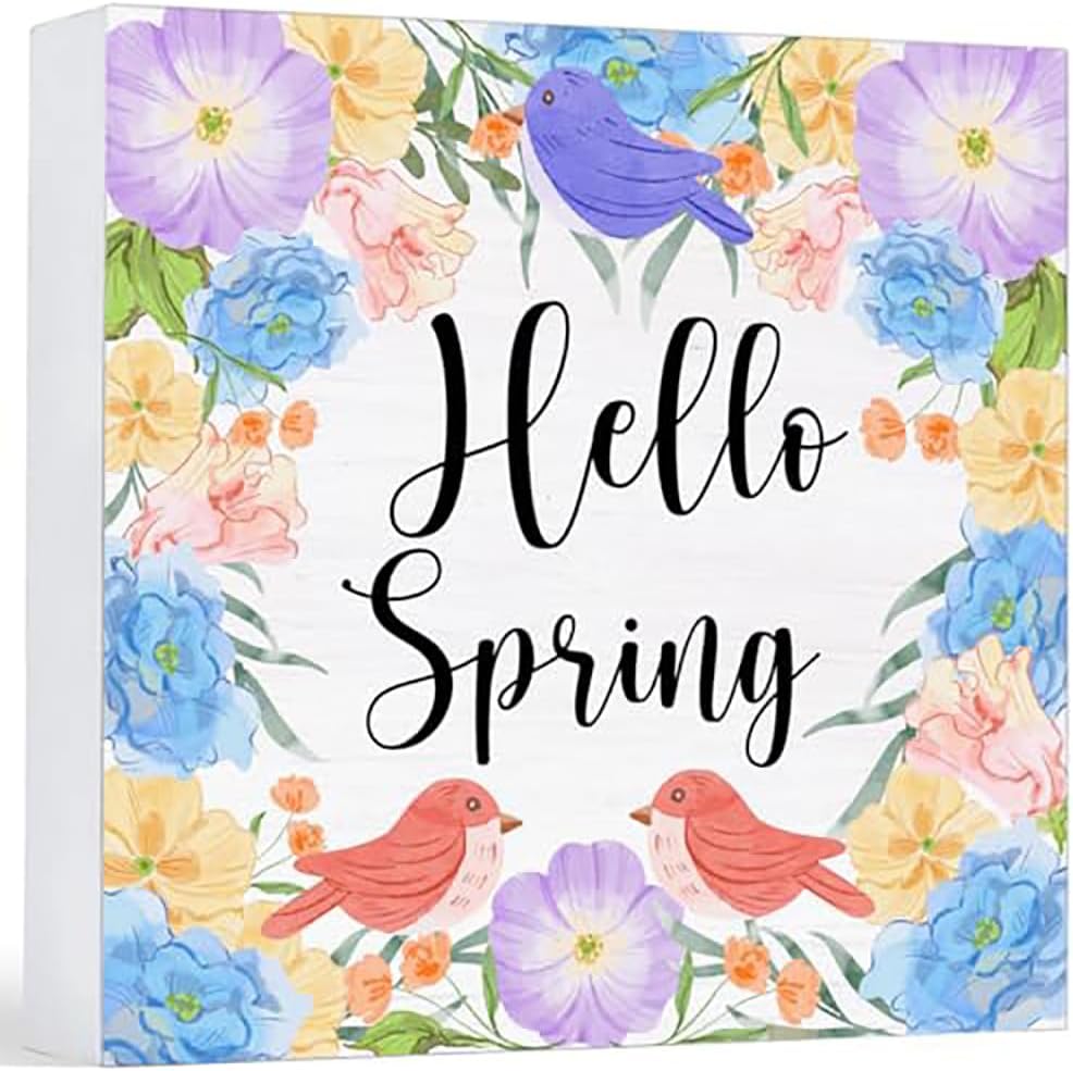 Wood Box Sign 7x7 Inch Spring Decor Wooden Box Signs Farmhouse Hello ...