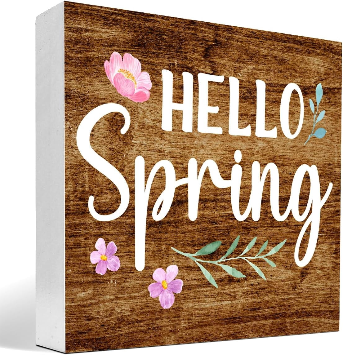 Wood Box Sign 7x7 Inch Spring Desk Decor Hello Spring Wood Block Box ...