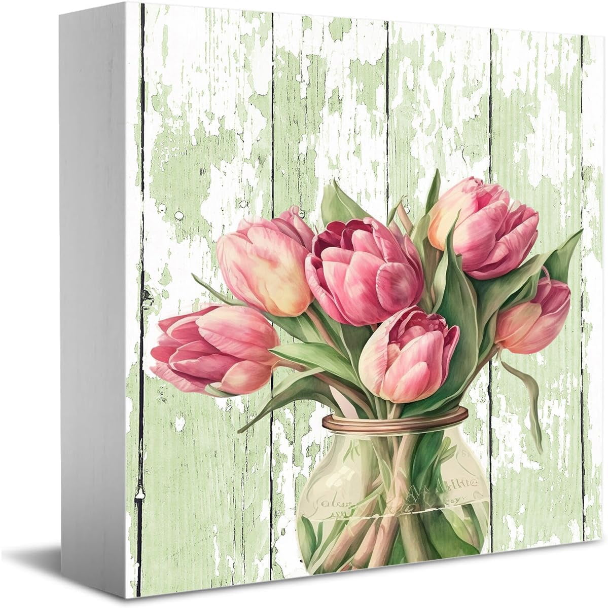 Wood Box Sign 7x7 Inch Spring Floral Traditional Spring Bouquet Rustic ...