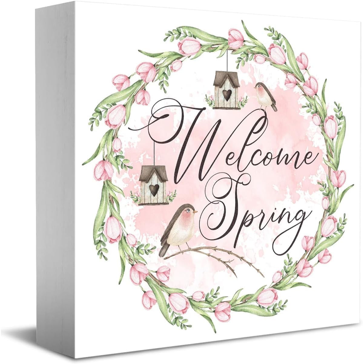 Wood Box Sign 7x7 Inch Welcome Spring Happy Spring Wood Block Plaque ...