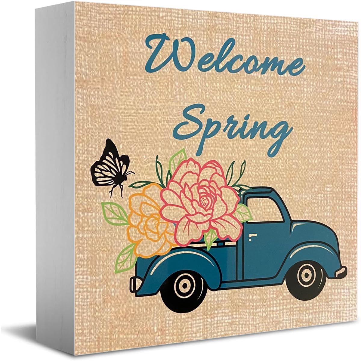 Wood Box Sign 7x7 Inch Welcome Spring Teal Truck Spring Wooden Box Sign ...