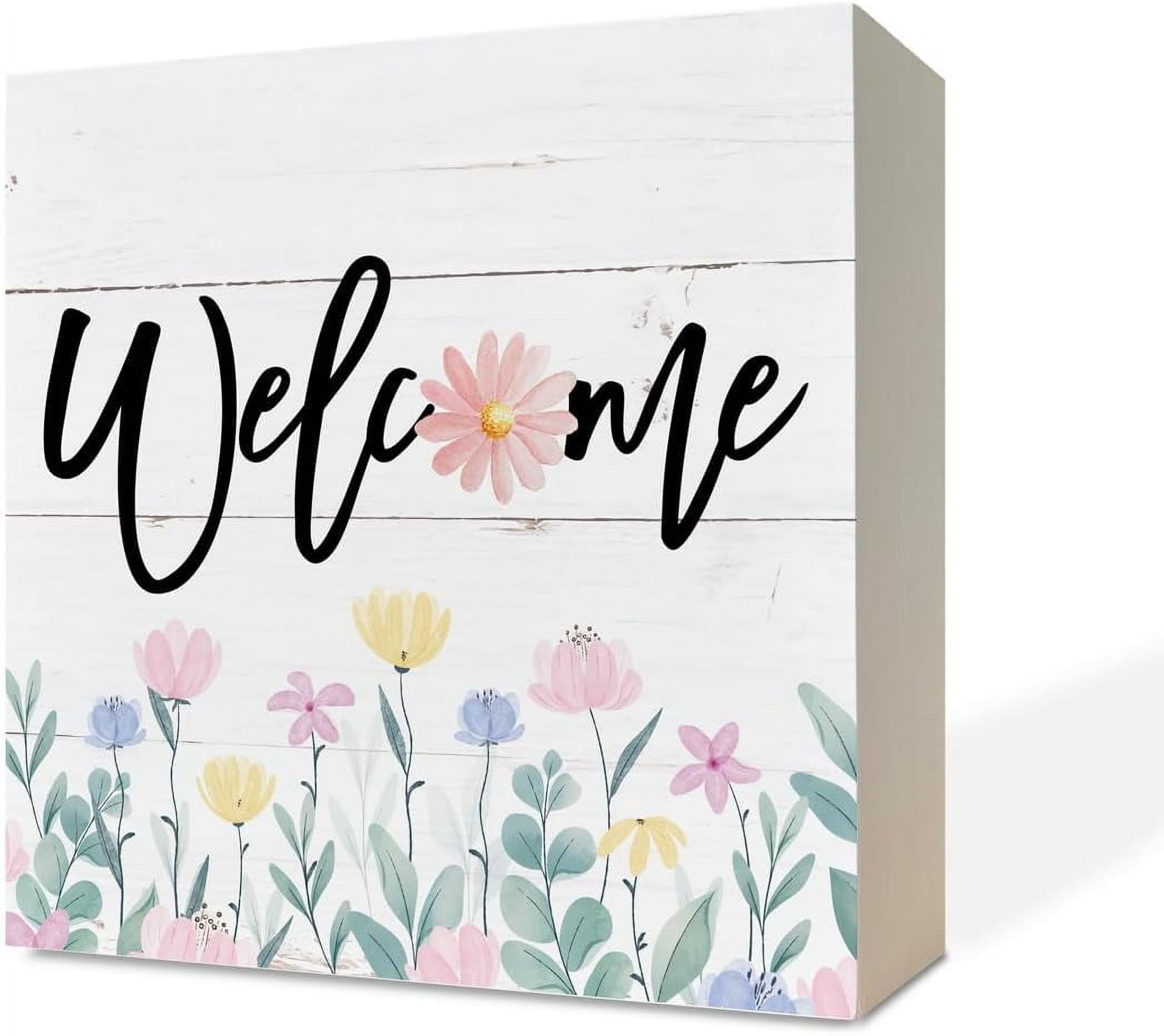 Wood Box Sign 7x7 Inch Welcome Sign Wooden Box Sign Desk Decor Wood Box ...