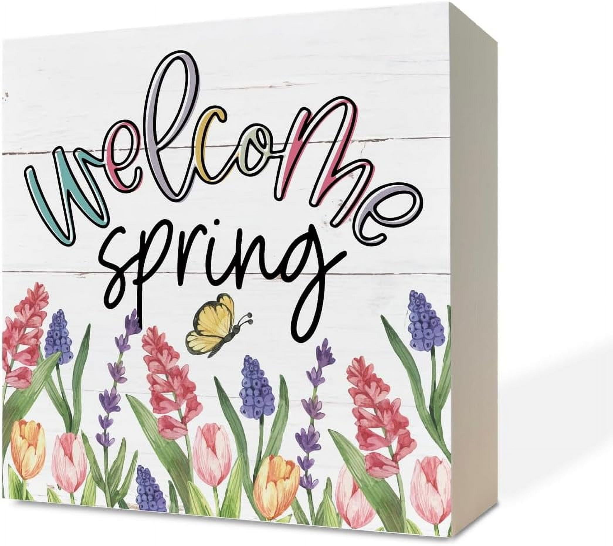 Wood Box Sign 7x7Inch Spring Decor Sign Welcome Spring Sign Wooden Box ...