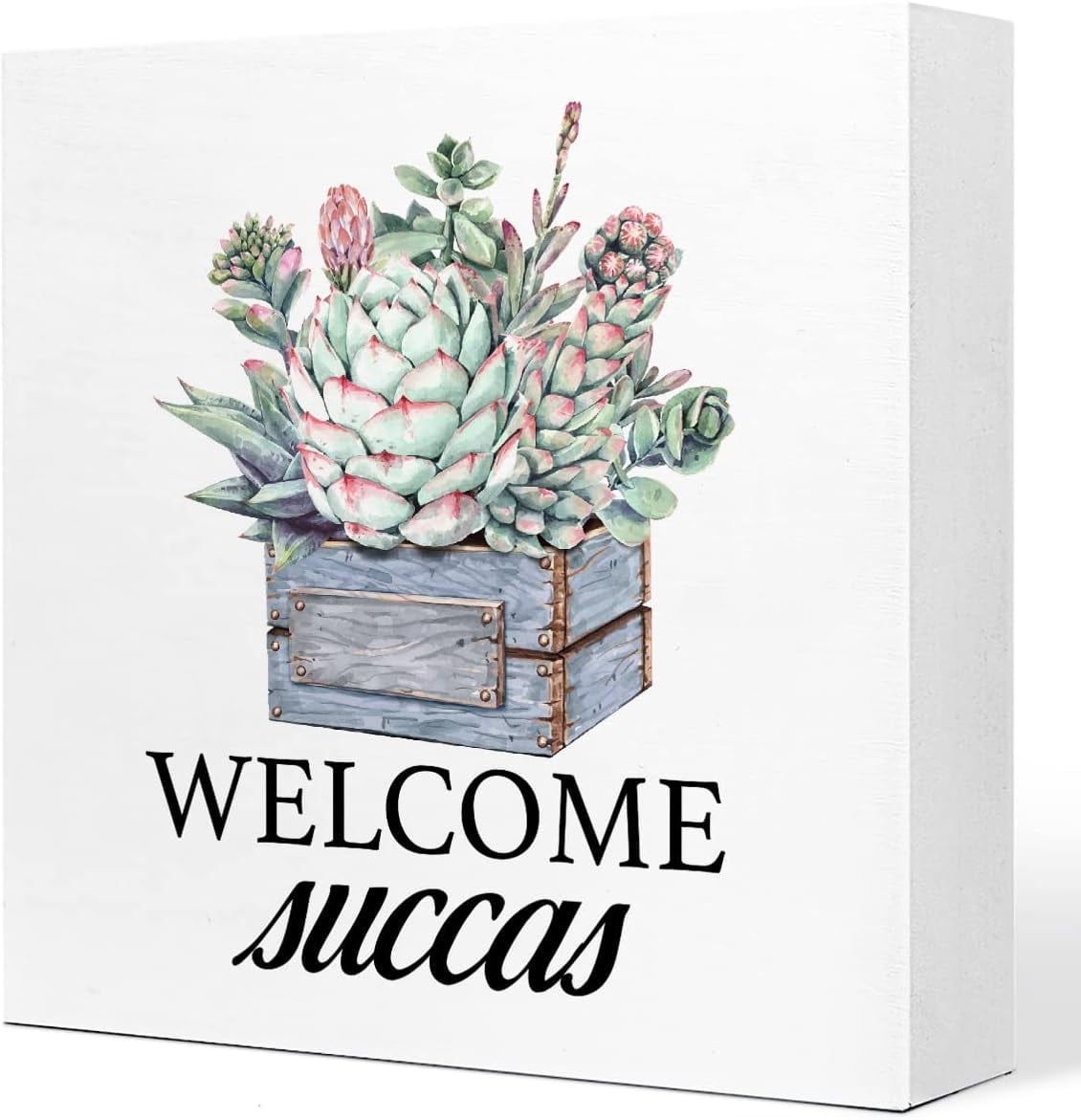Wood Box Sign 7x7Inch Welcome Succas Watercolor Cactus Cacti And ...